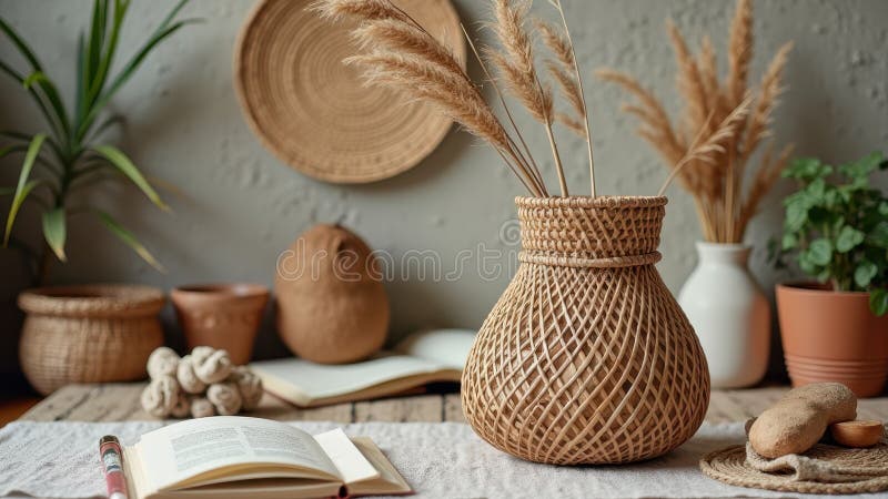 Rustic Table Scene with Woven Vase, Grains, Open Book, and Greenery ...