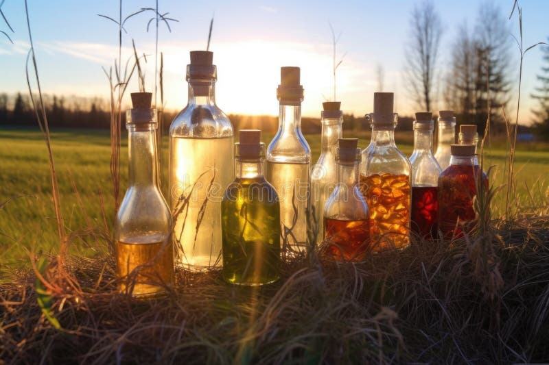 Rustic Table with Schnapps Bottles and Picnic Snacks Stock Image ...