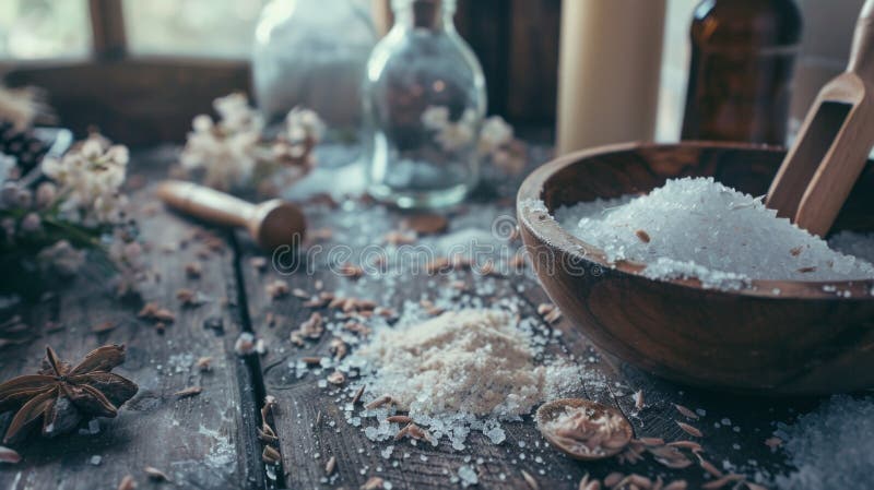 Rustic Table with Sea Salt and Spices Stock Image - Image of scene ...