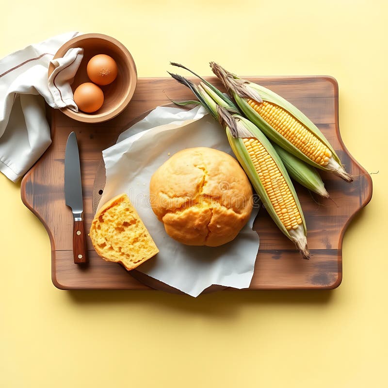 A Rustic Table Set with Corn Bread and Fresh Corn on a Pastel Yellow ...