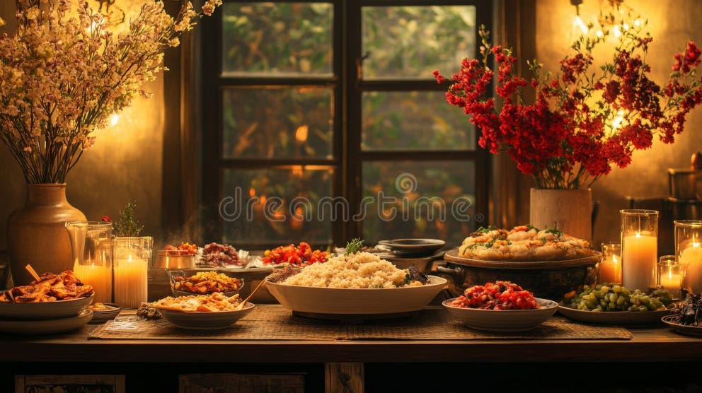 A Rustic Table Set with Delicious Food and Flowers Stock Illustration ...
