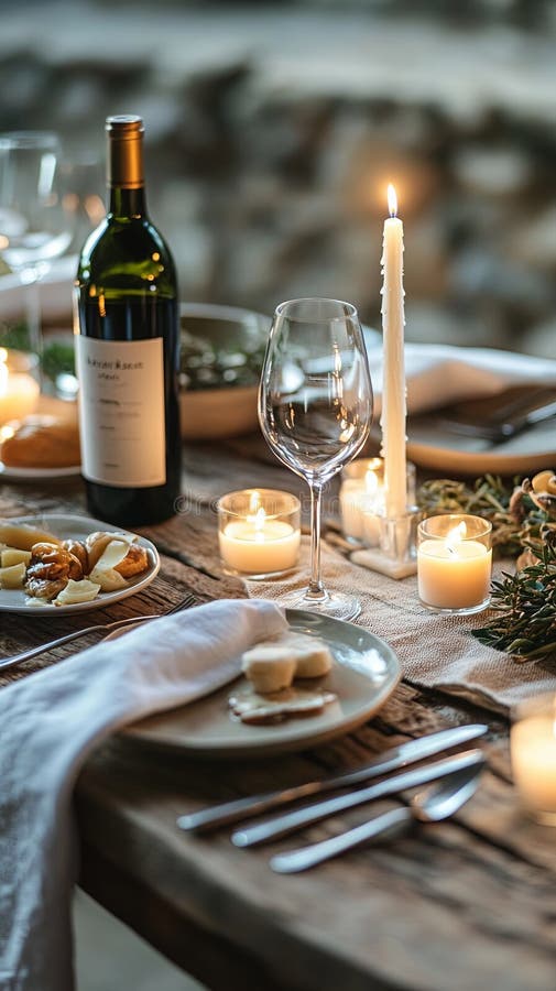 A Rustic Table Set for Dinner with Candles and a Bottle of Wine Stock ...