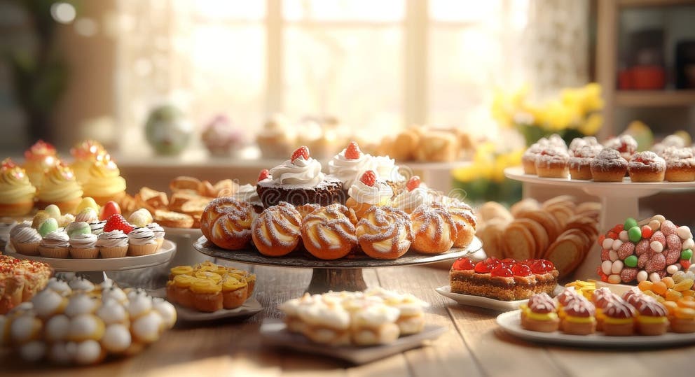 A Rustic Table Set for Easter with an Array of Cakes, Flowers, and ...