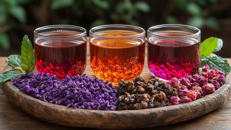 Rustic Table Set Featuring Herbal Teas in Glass Cups, Surrounded by ...