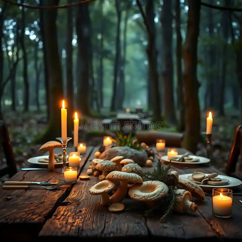 Forest Table Setting with Candles and Mushrooms Stock Photo - Image of ...