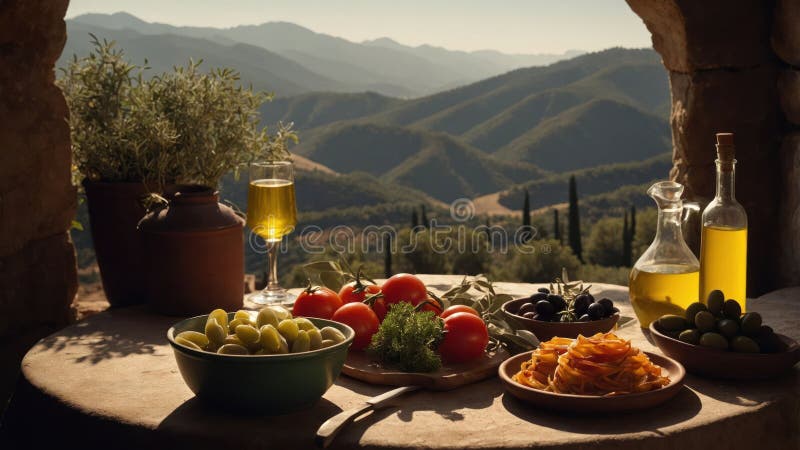 Mediterranean Food Still Life with Panoramic Mountain View Stock ...