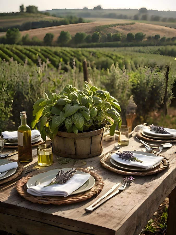 A Rustic Table Set in the Midst of a Serene Garden and Vineyards Stock ...