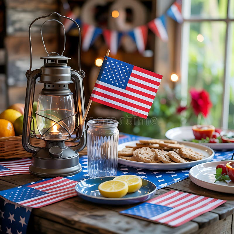 Rustic Table Setting with American Flag and Lantern - Independence Day ...