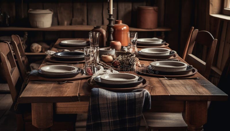 Rustic Table Setting with Antique Crockery Stack Generated by AI Stock ...