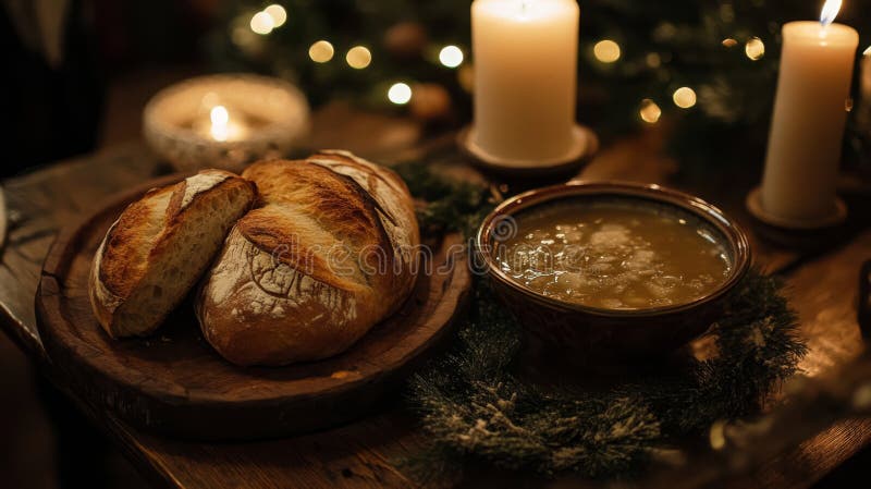 Rustic Table Setting with Bread, Soup, and Candles Stock Illustration ...