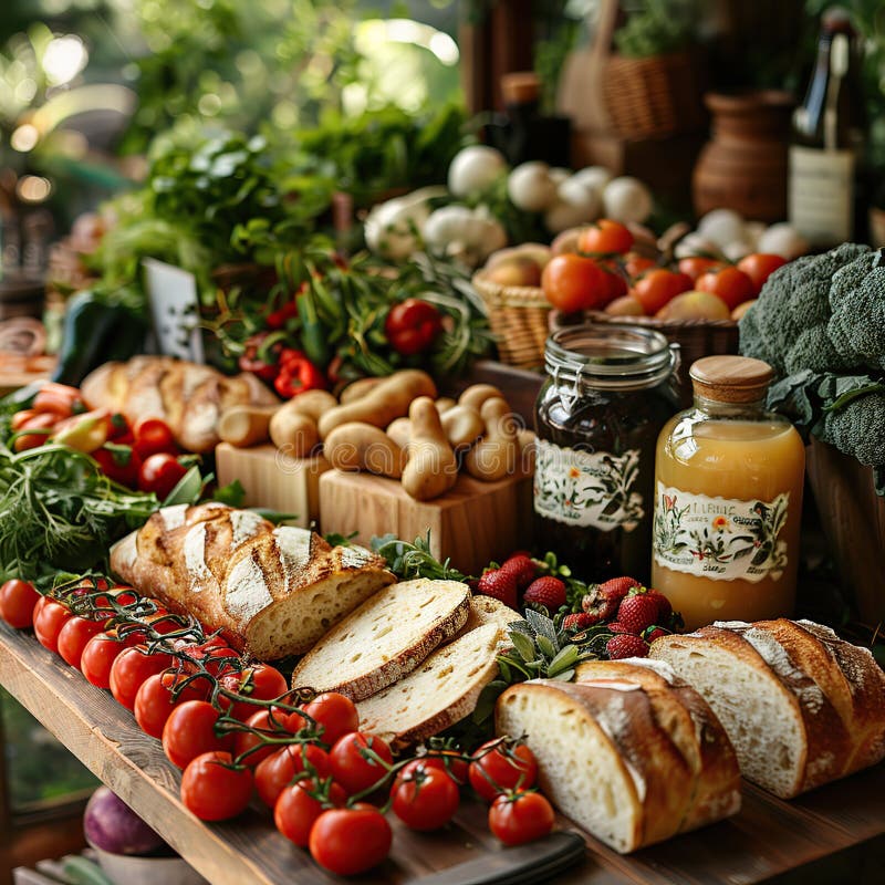 Rustic Table Setting with Bread and Tomatoes Stock Illustration ...