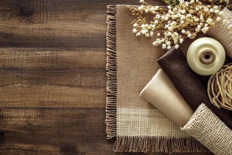 Rustic Table Setting with Burlap, Dried Flowers, and Woven Textiles on ...