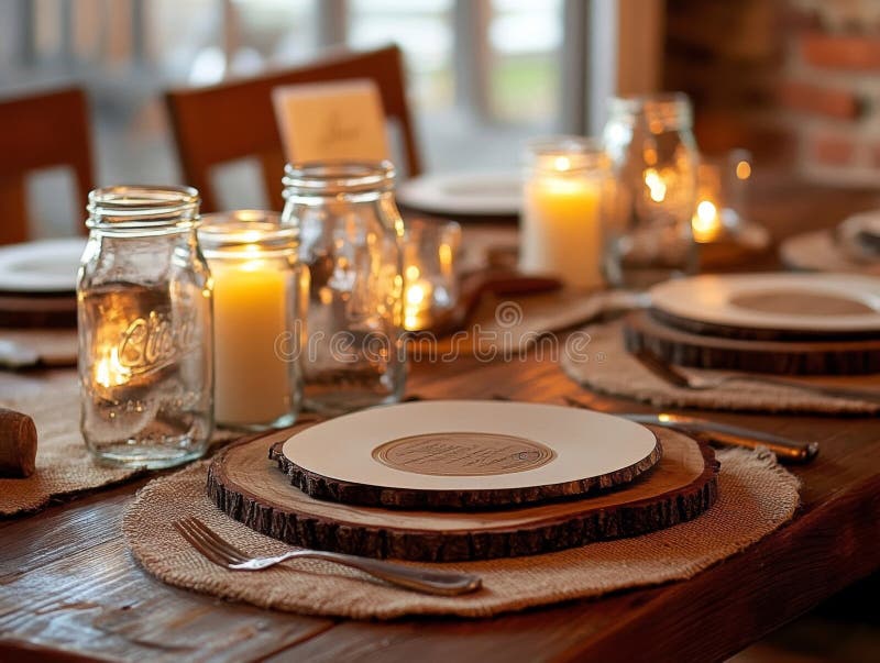 A Rustic Table Setting with Candles, Wooden Coasters, and Burlap ...