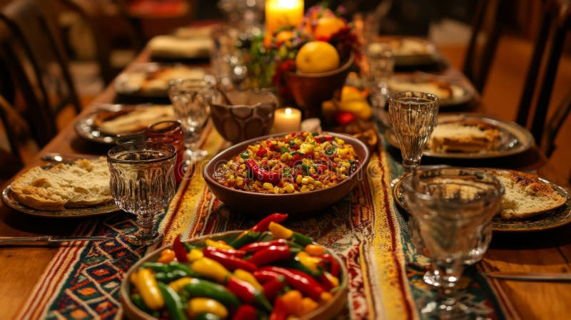 A Rustic Table Setting with Chili Peppers, Corn, and Bread Stock ...