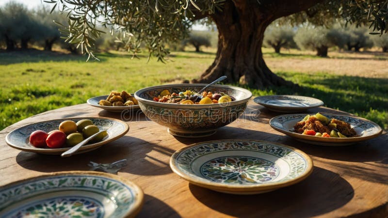Rustic Mediterranean Outdoor Meal: Colorful Dishes Under Olive Tree ...