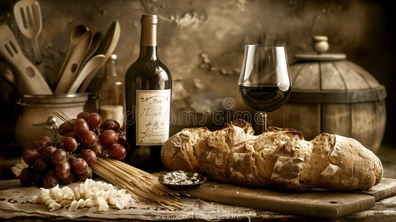 A Beautifully Arranged Rustic Dining Setup with Wine, Bread, and Fresh ...