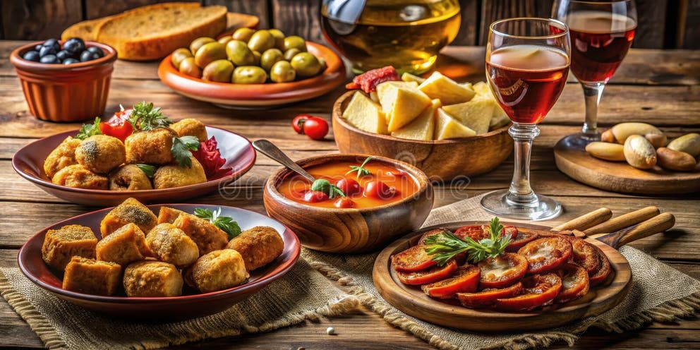 A Rustic Table Setting Featuring an Array of Savory Tapas and Two ...