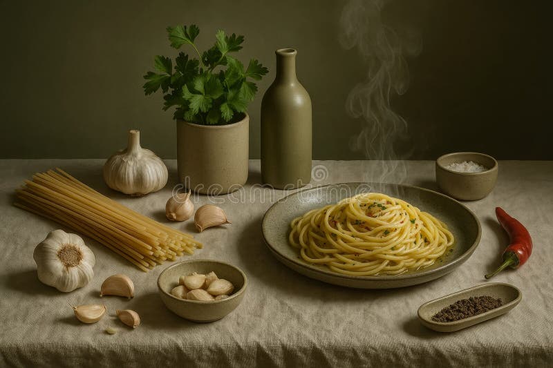 Rustic Table Setting Featuring a Steaming Plate of Spaghetti Aglio E ...