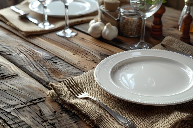 Rustic Table Setting with Burlap Placemats and Elegant Dinnerware for ...