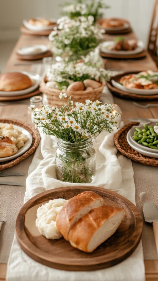 Rustic Table Setting with Fresh Bread and Floral Centerpieces Stock ...