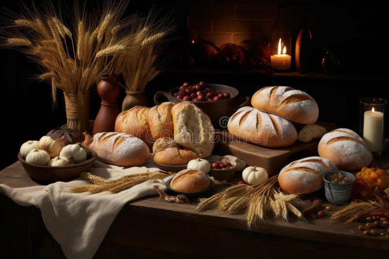 Rustic Table Setting with Fresh Bread and Wheat Sheaves for Farmhouse ...