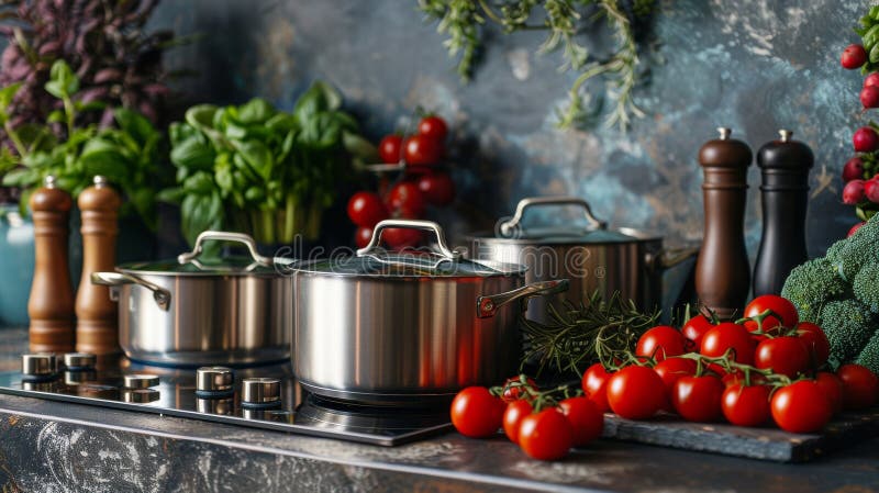 Rustic Table Setting with Fried Eggs, Tomatoes, and Herbs Stock Image ...