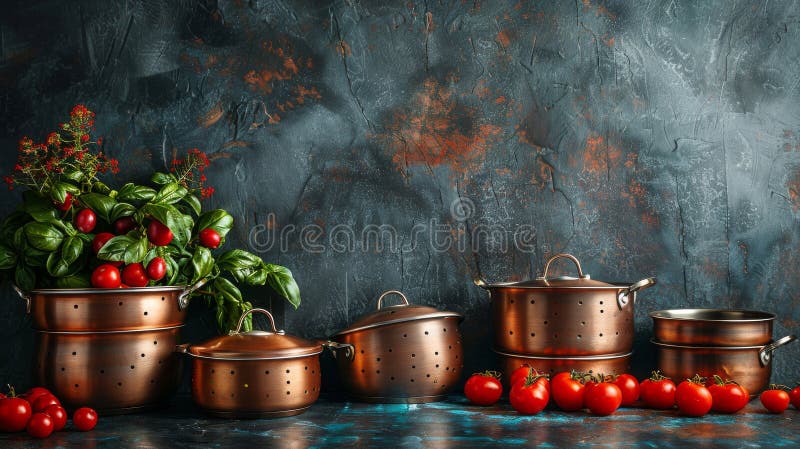 Rustic Table Setting with Fried Eggs, Tomatoes, and Herbs Stock Photo ...