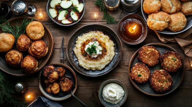 Rustic Table Setting with Fried Foods, Apple Compote, and Candlelight ...