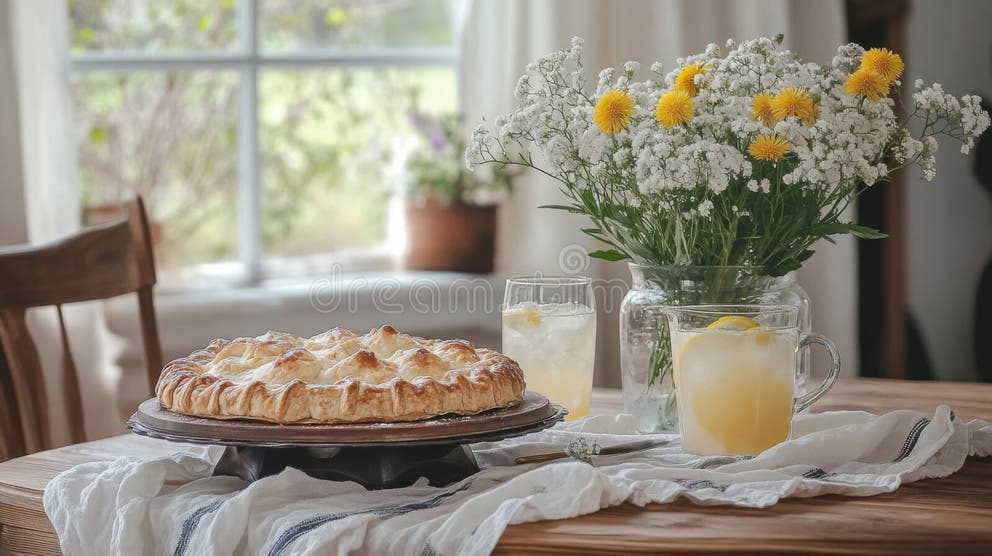 Rustic Table Setting with Homemade Pie and Lemonade Stock Illustration ...
