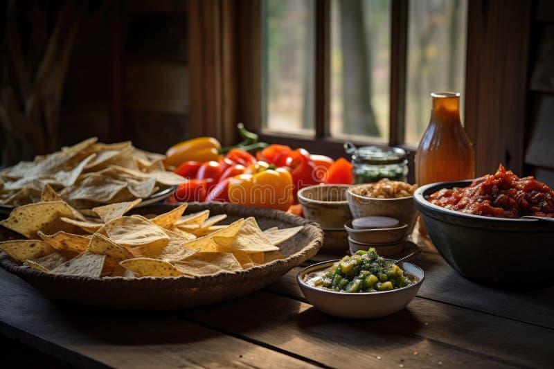Rustic Table Setting with Homemade Salsa and Chips Stock Image - Image ...
