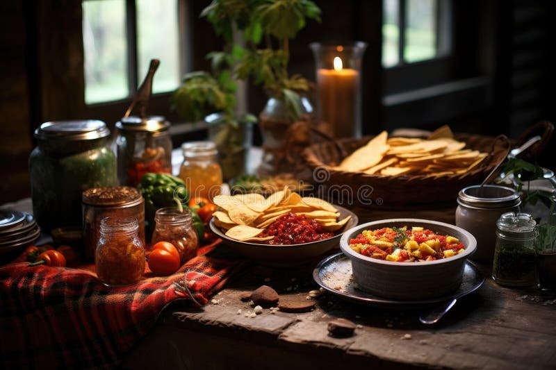 Rustic Table Setting with Homemade Salsa and Chips Stock Illustration ...