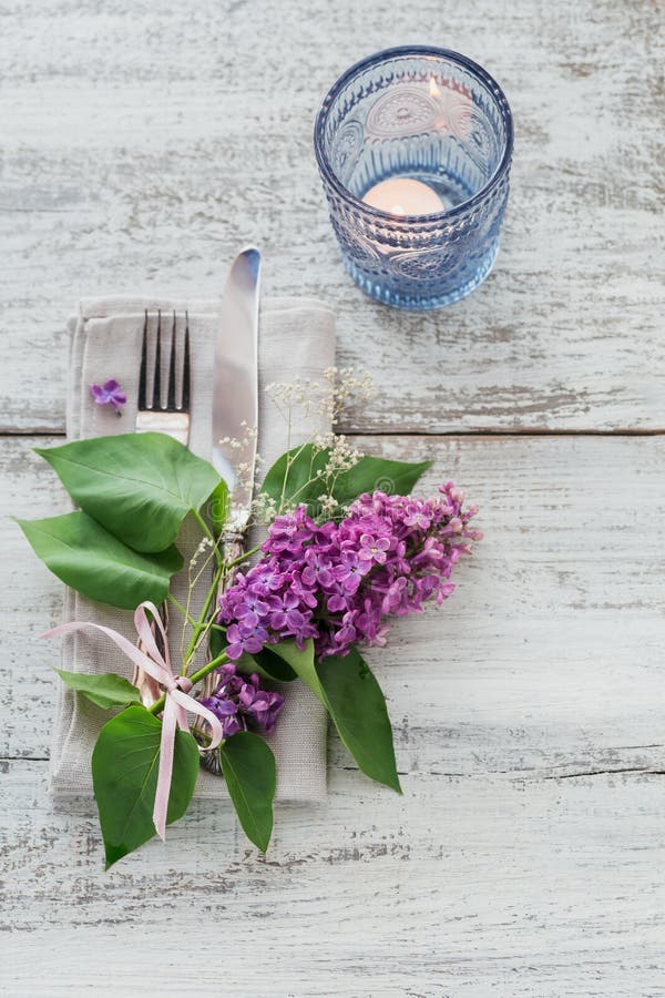 Rustic Table Setting with Lilac Flowers Stock Image - Image of glass ...