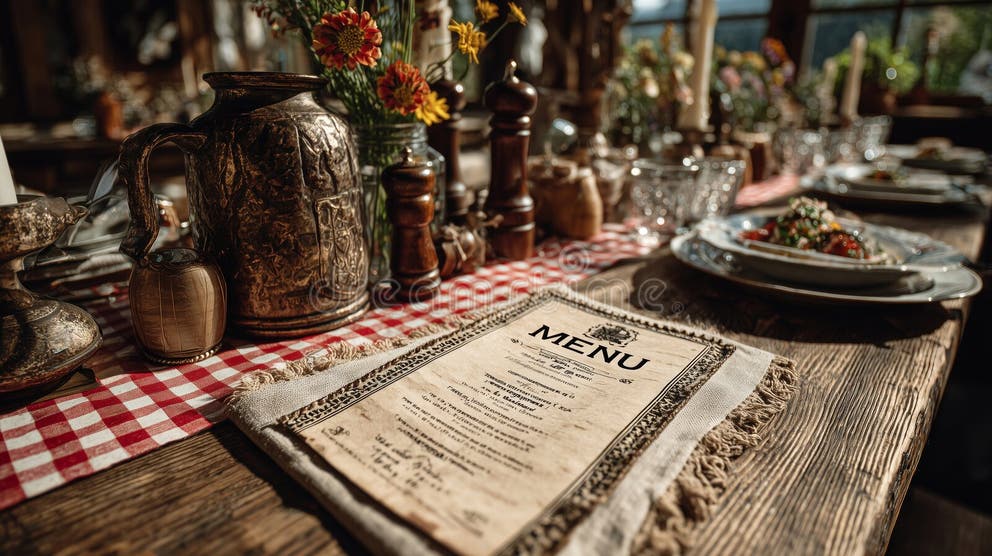 Rustic Table Setting with Menu and Decor in a Cozy Tyrolean Restaurant ...