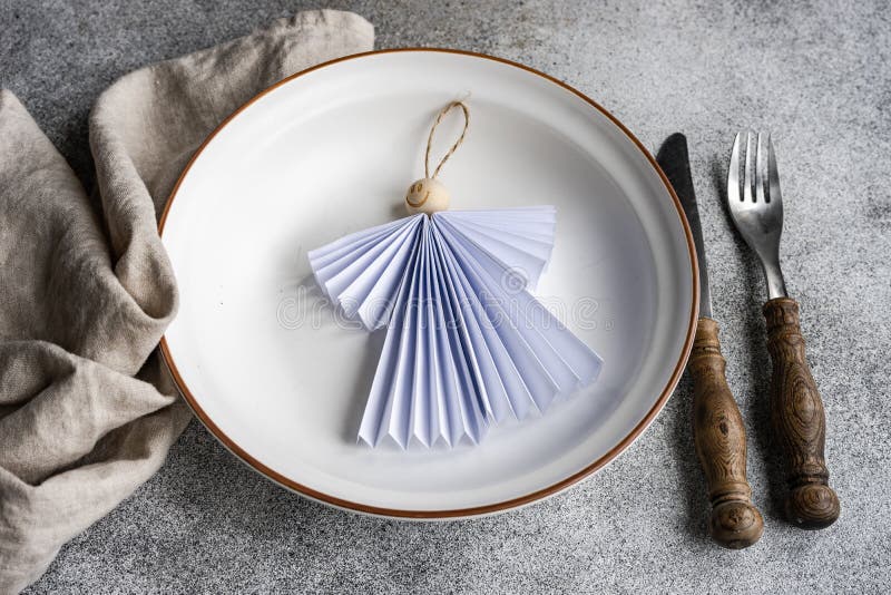 Rustic Table Setting with Paper Angel Stock Image - Image of tableware ...