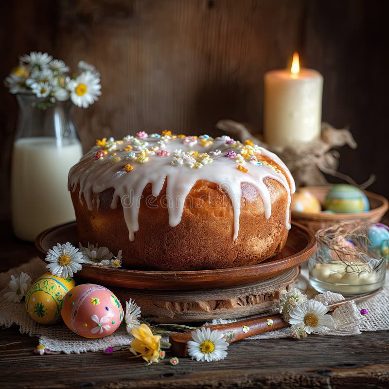 Rustic Table Setting with Paska Bread, Pastel Eggs, and Daisies for a ...