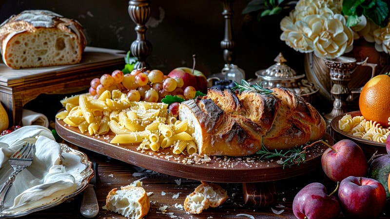 A Rustic Table Setting with Pasta, Bread, Fruits, and Elegant Decor ...