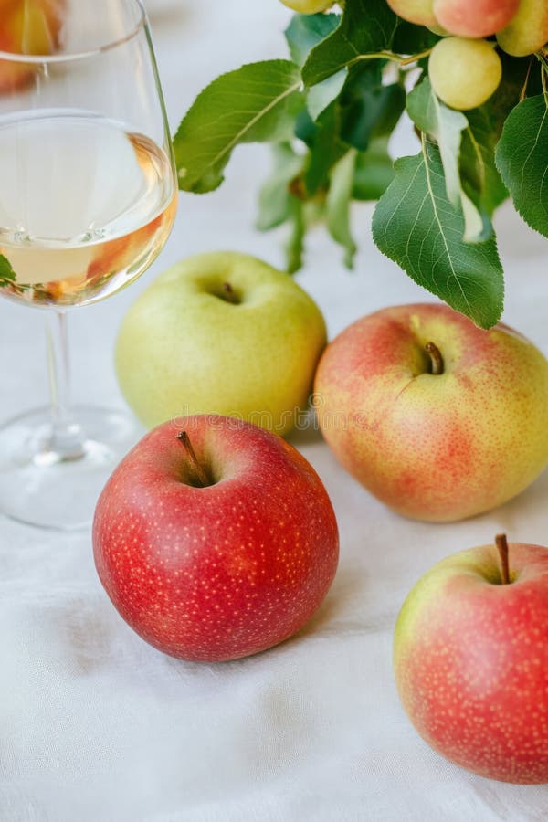 Rustic Table Setting with Red Apples and Pears on a Soft Linen Cloth in ...