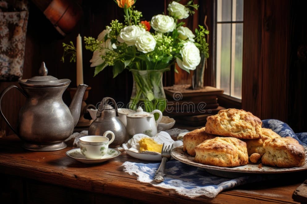 Rustic Table Setting with Scones and Tea Stock Photo - Image of vintage ...