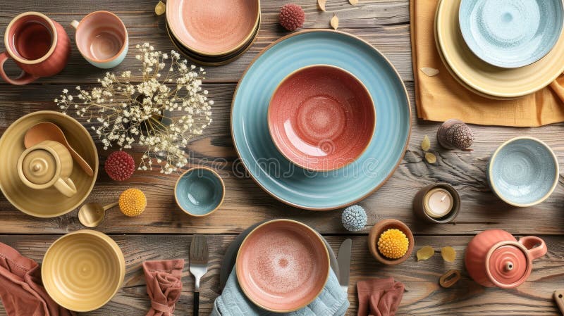 Rustic Table Setting. Stylish Dinnerware Set, Empty Bowls, Plates, Cups ...