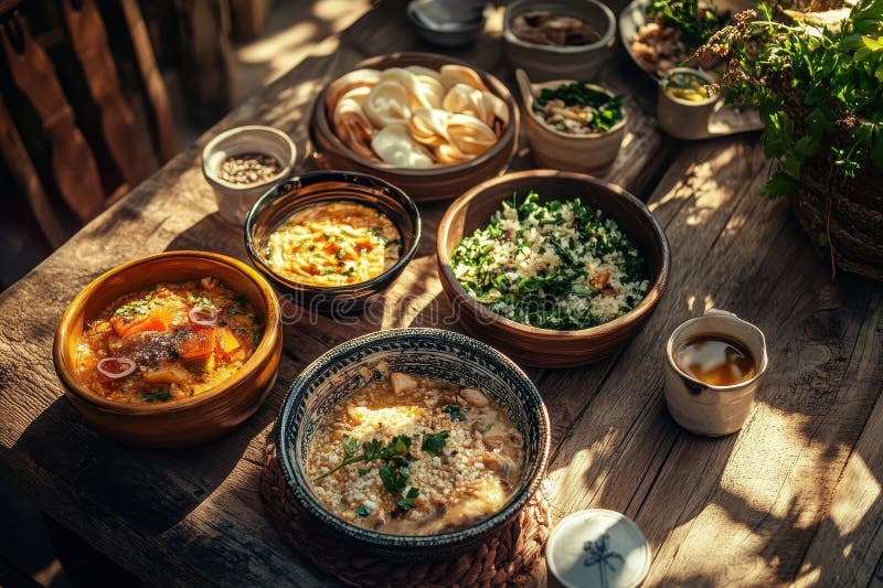 A Rustic Table Setting with Various Bowls of Colorful Dishes and Tea ...