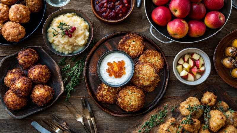 A Rustic Table Setting with Various Fried Foods and Fruit Stock ...