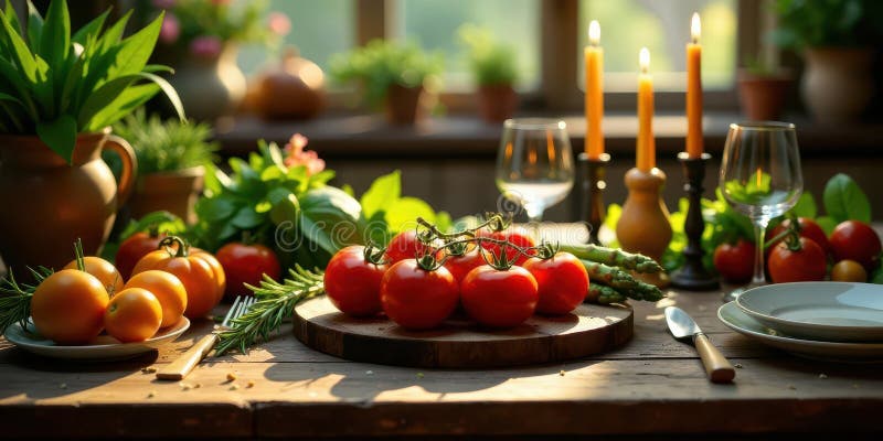 Rustic Table Setting with Vine-ripened Tomatoes, Herbs, and Asparagus ...