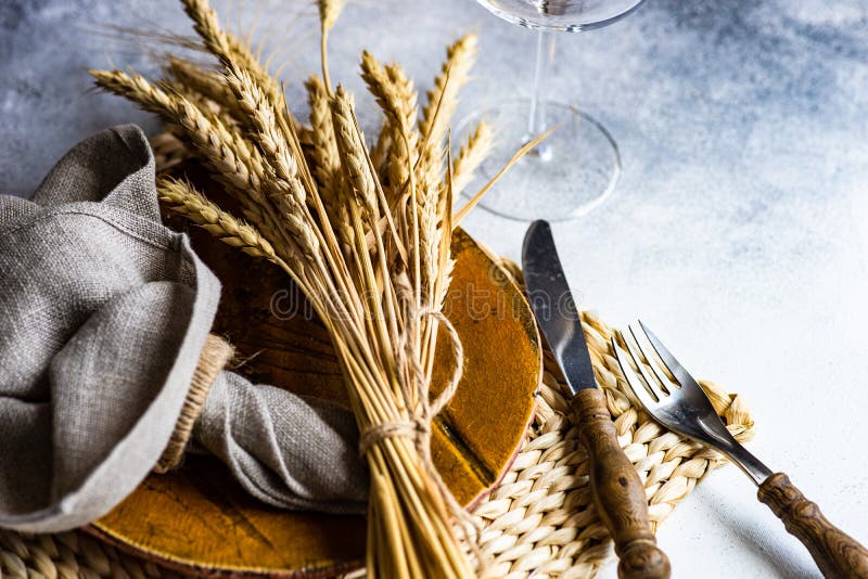 Rustic Table Setting with Wheat Ears Stock Photo - Image of plate, wine ...
