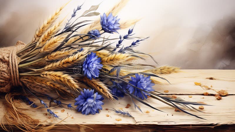 Rustic Table Setting Wheat Stalks Bouquet and Cornflowers on a Peasant ...