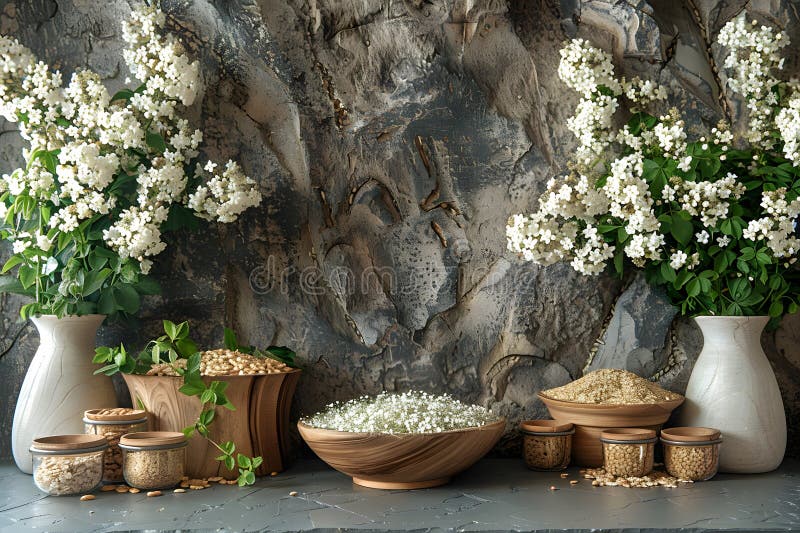 Rustic Table Setting with White Flowers and Assorted Grains for Natural ...