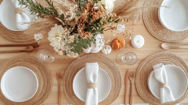 Rustic Table Setting with White Plates and Napkins Stock Illustration ...