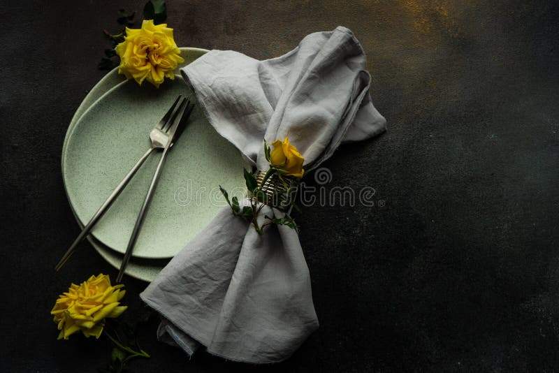 Rustic Table Setting with Yellow Roses Stock Photo - Image of napkin ...