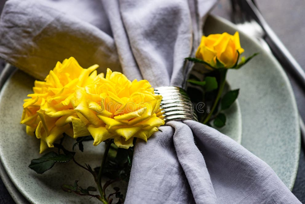 Rustic Table Setting with Yellow Roses Stock Photo - Image of flora ...