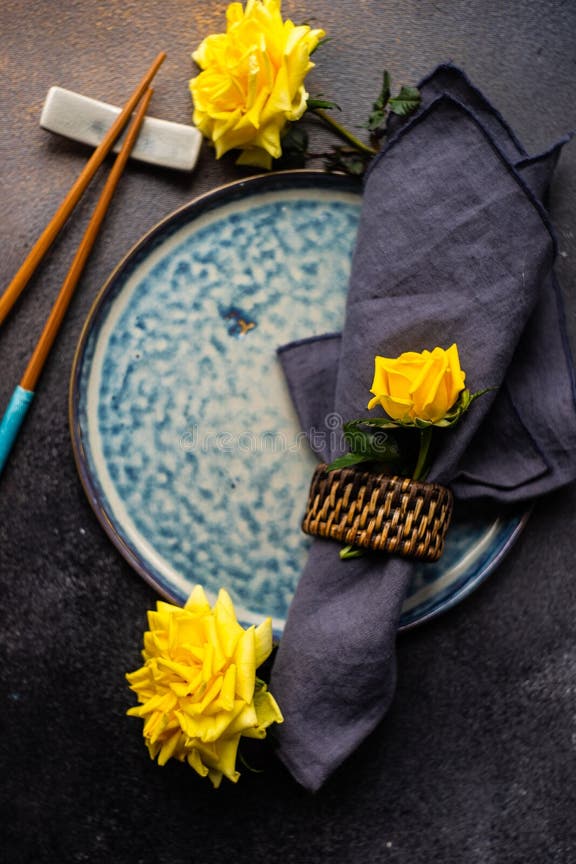 Rustic Table Setting with Yellow Roses Stock Image - Image of flower ...