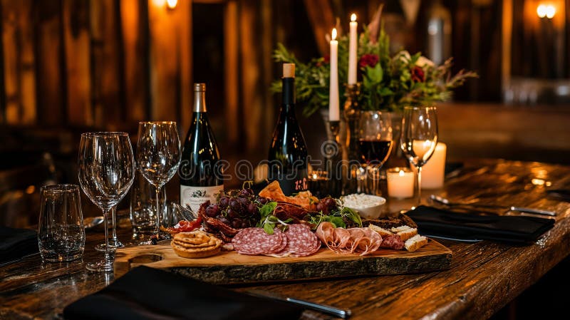A Rustic Table Setup with a Charcuterie Board, Wine Glasses, and Stock ...